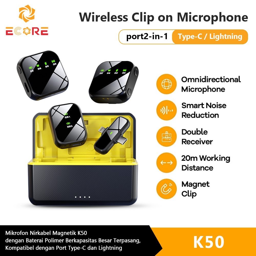 Jual ECORE K50 Mic Wireless 2-In-1 Clip On Microphone Dual Lavalier Mikrofon dan Charging Case ...