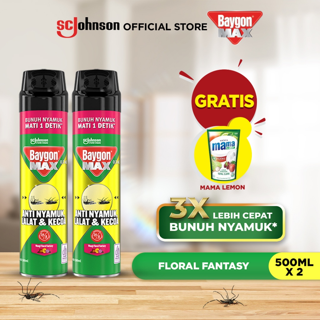 Jual Baygon Max Aerosol Floral Fantasy 500ml 2x Free Mama Lemon ...