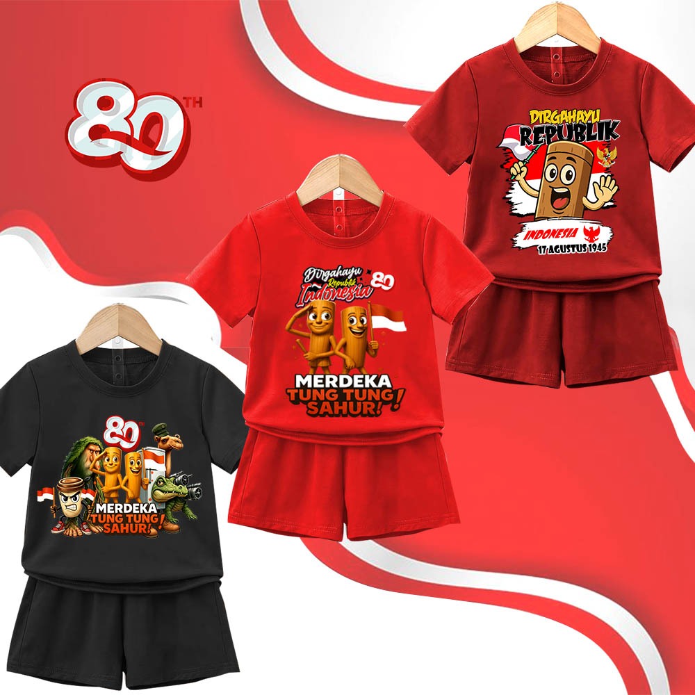 Jual Baju Anak Stelan Usia 1-10 Tahun HUT RI KE 80 Dirgahayu 17 Agustus Indonesia Cowok Cewek ...