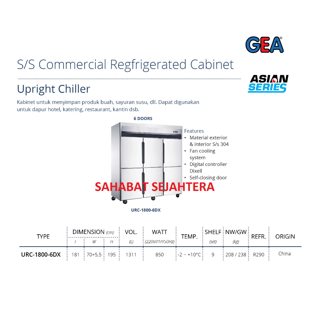 Jual GEA Stainless Steel Upright Chiller URC-1800-6DX Chiller Stainless ...