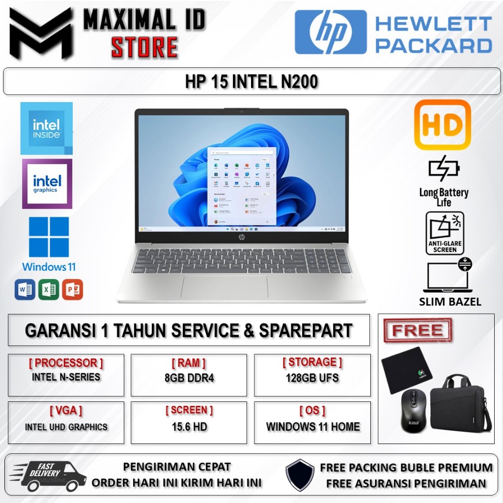 Jual Laptop HP 15 Intel N200 Ram 8GB 128GB SSD 15.6 HD NumLock Windows ...