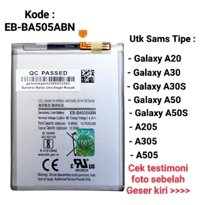 Jual Baterai For Sams A50 A50 A50S A505 A30 A30S A305 A20 A205 EB-BA505ABN Original Batre ...
