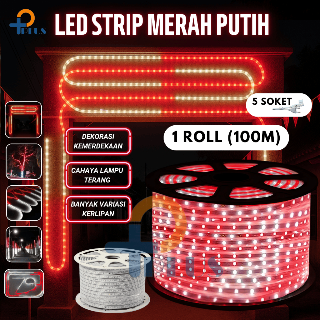 Jual 1 Roll 100m Lampu led strip Merah Putih full 100m bonus 5 socket ...