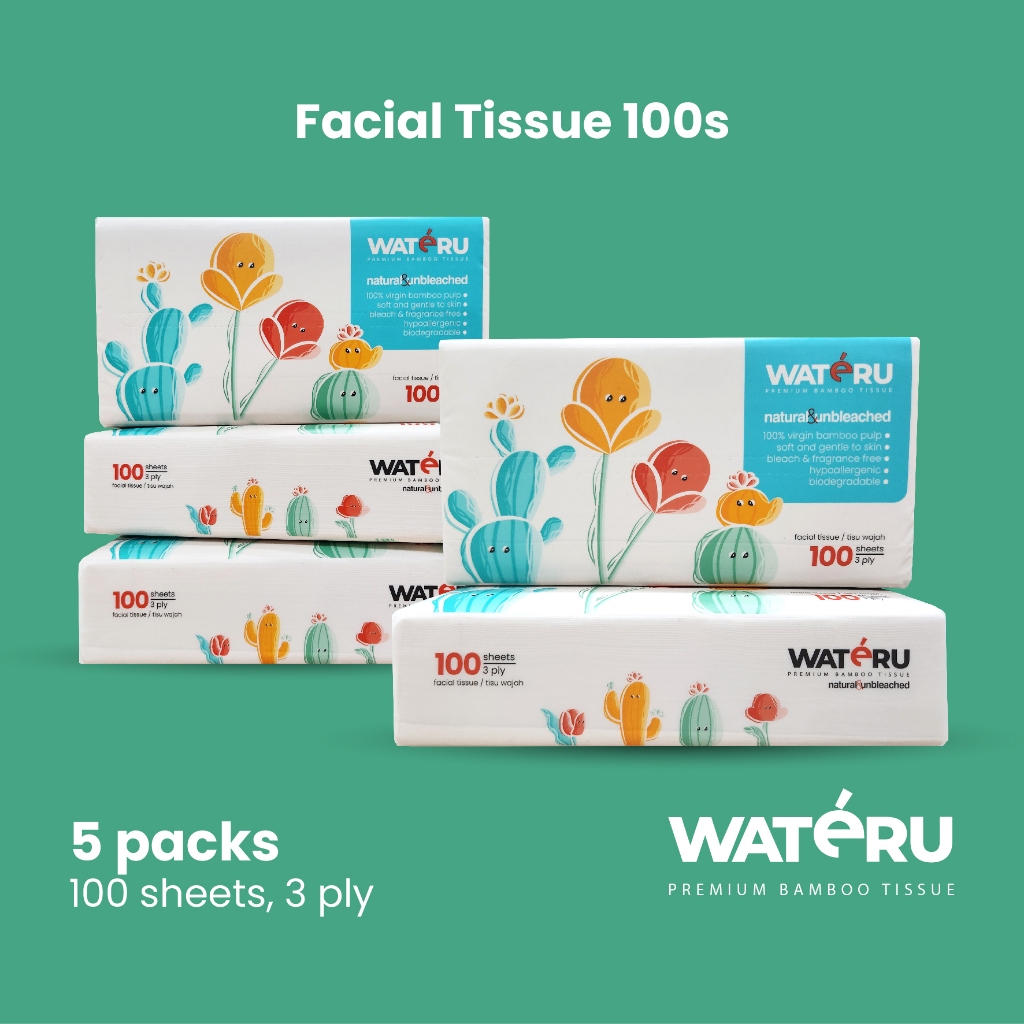 Jual Wateru Facial Tissue 100s, 5 packs, 100 sheets, 3 ply | Natural ...