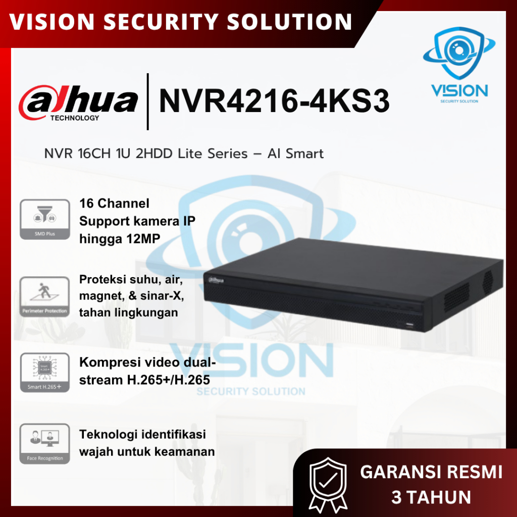 Jual Dahua NVR4216-4KS3 16ch NVR Non-POE 2 Slot HDD H.265+ Lite Series ...
