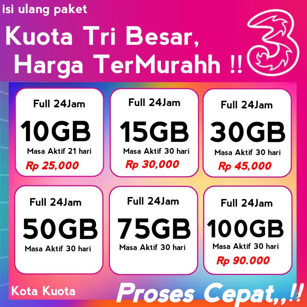 Jual KUOTA TRI Happy 1GB,2GB,3GB,7GB,10GB,11GB,12GB 14GB,18GB,70GB,100GB Thee Aon Thee Harian ...
