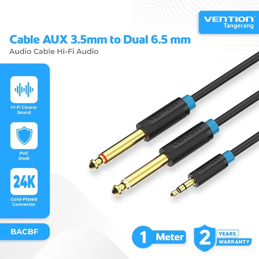Jual VENTION BAC Kabel TRS Y Splitter AUX 3.5mm Male to Dual Mono 6.5mm ...