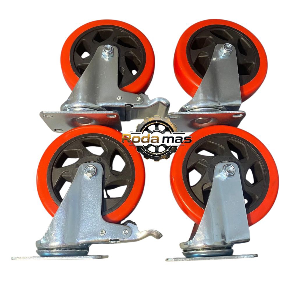 Jual roda PU merah 5 inch set 4pcs ( 2 roda hidup + 2 roda rem ) roda ...