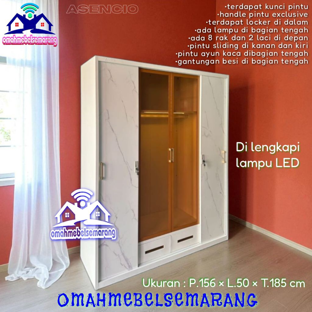 Jual Lemari pakaian 4 pintu 2 laci sliding geser besi lampu ACENSIO ...