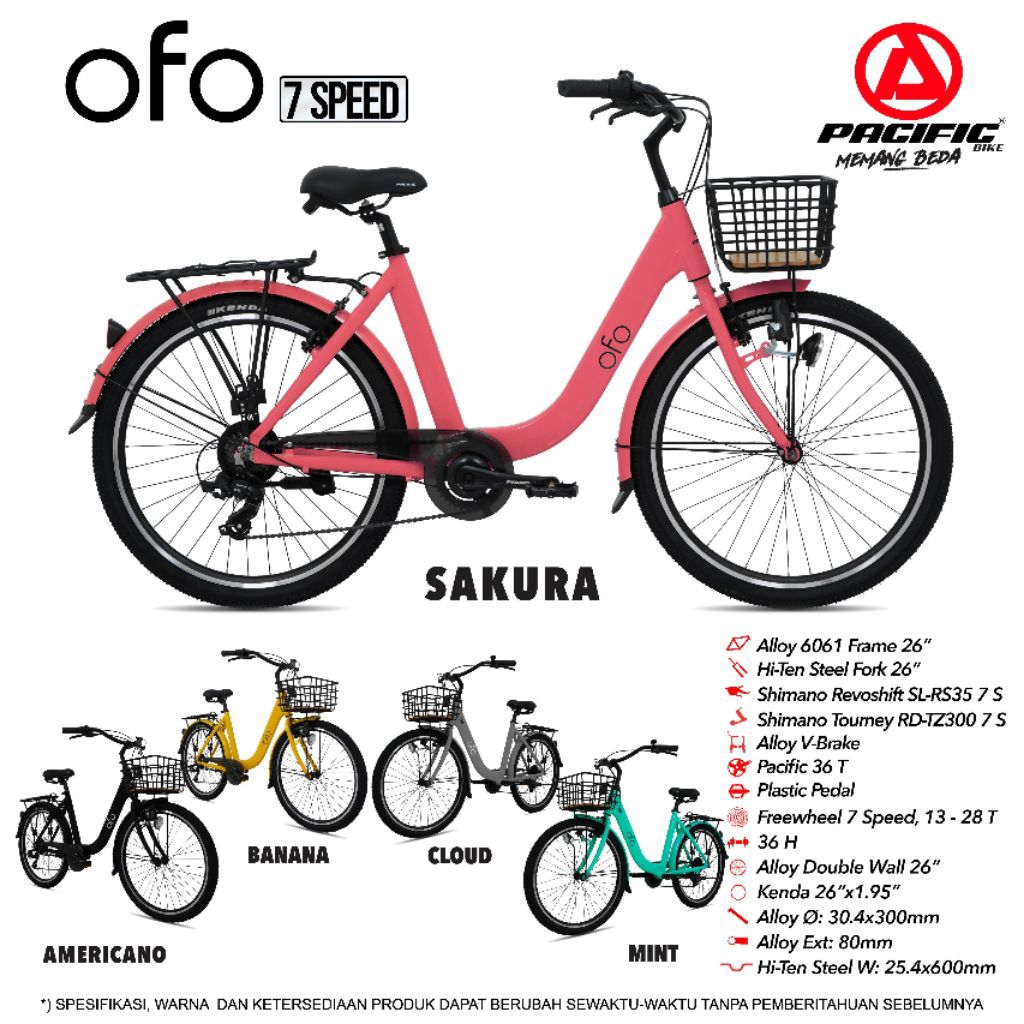 Jual Sepeda Mini 26 inc OFO 7 speed CTB Pacific sepeda perempuan | Shopee Indonesia
