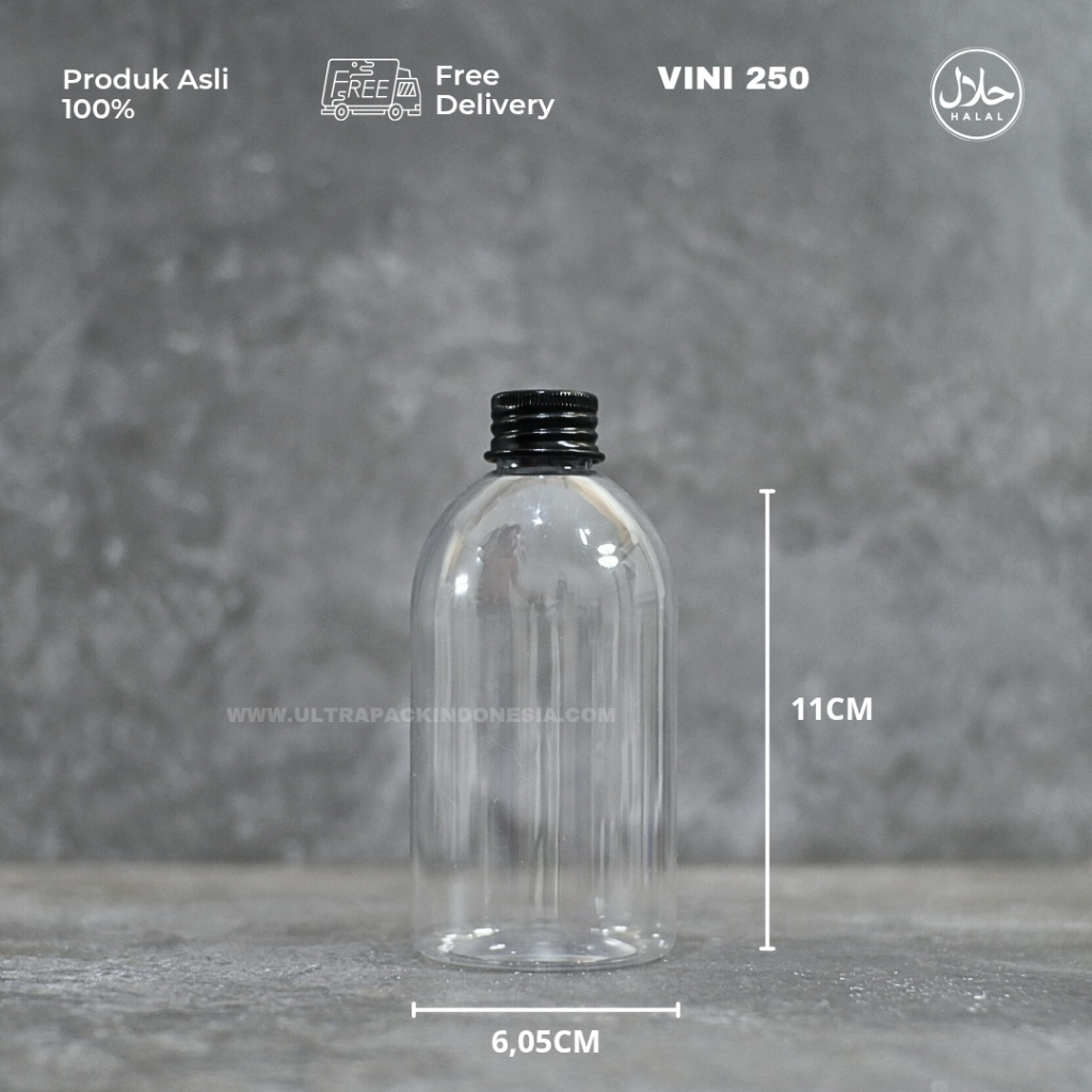 Jual KEMASAN MINUMAN FOOD GRADE PREMIUM - BOTOL PET VINI 250ML CLEAR + TUTUP ULIR ALUMINIUM ...