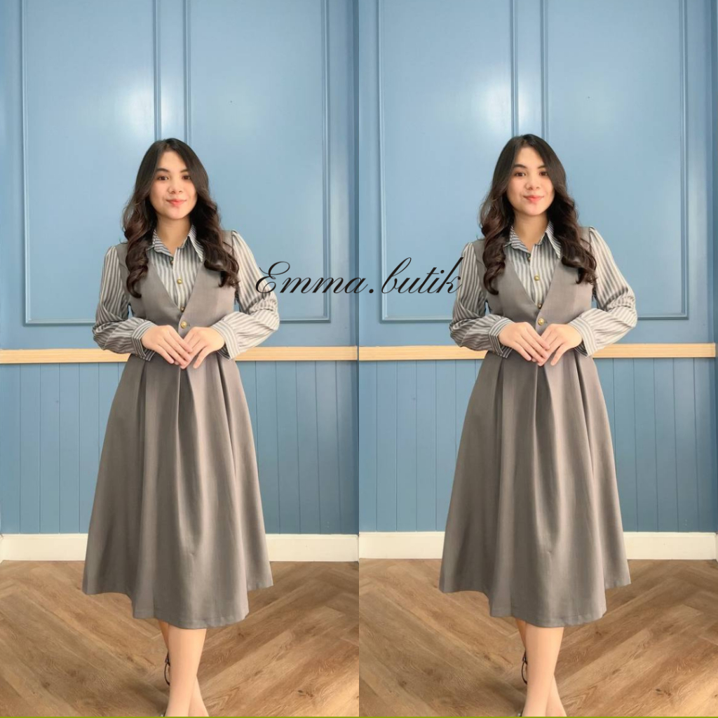 Jual Emma.Butik E00529 Gaun Formal Wanita Midi Dress Abu Salur Kantor Baju Lengan Panjang ...