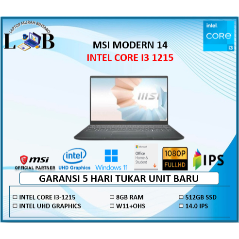 Jual MSI MODERN 14 I3 1215 8GB 512GB W11+OHS 14.0FHD BLIT IPS | Shopee Indonesia