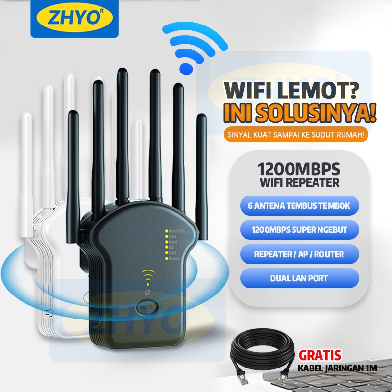 Jual ZHYO Penguat Sinyal WiFi 1200Mbps 6 Antena Repeater/AP/Router Mode 2 Port LAN Tembus Tembok ...