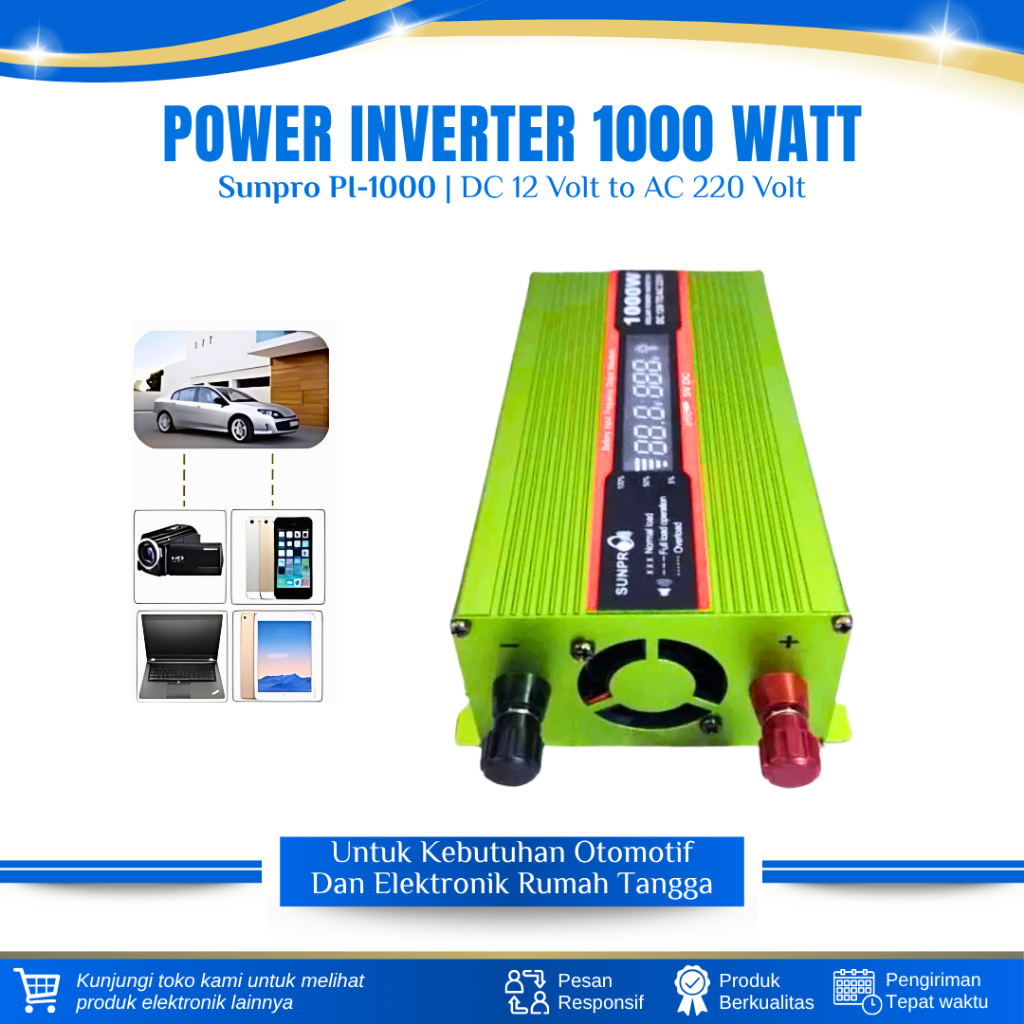 Jual POWER INVERTER 1000 WATT DC 12V TO AC 220V SUNPRO PI-1000 CAR INVERTER PURE SINE WAVE ...