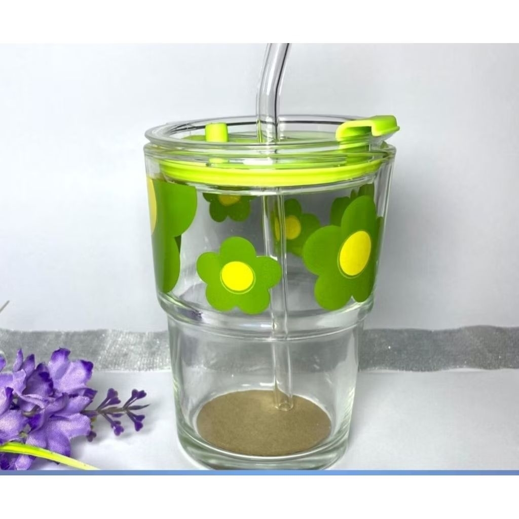 Jual Tumbler Gelas Kaca Motif Bunga daisy dengan sedotan kaca | Shopee ...