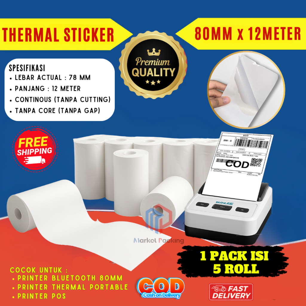 Jual KERTAS STIKER THERMAL 80MM X 12 METER CONTINOUS LABEL THERMAL RESI ...
