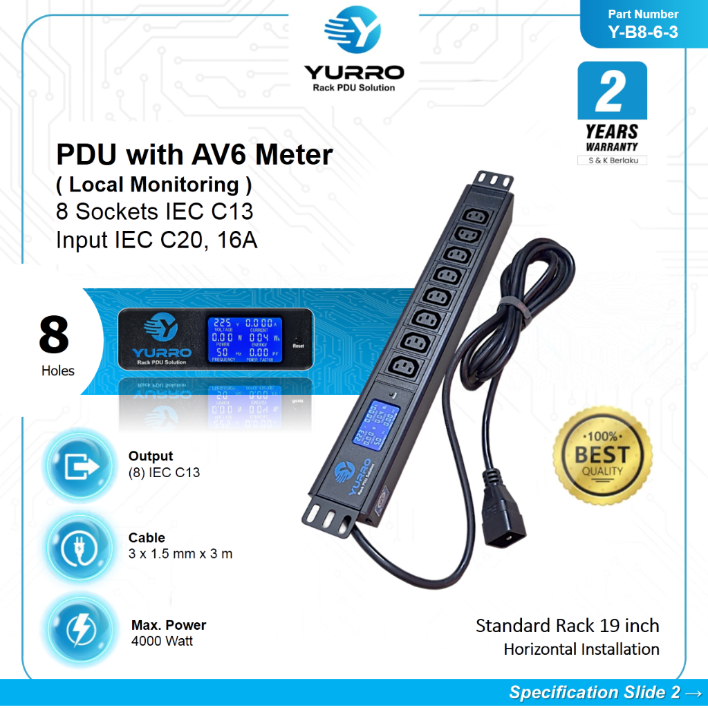 Jual Power Distribution Unit 8 Holes PDU IEC C13 with AV6 Meter, Input ...