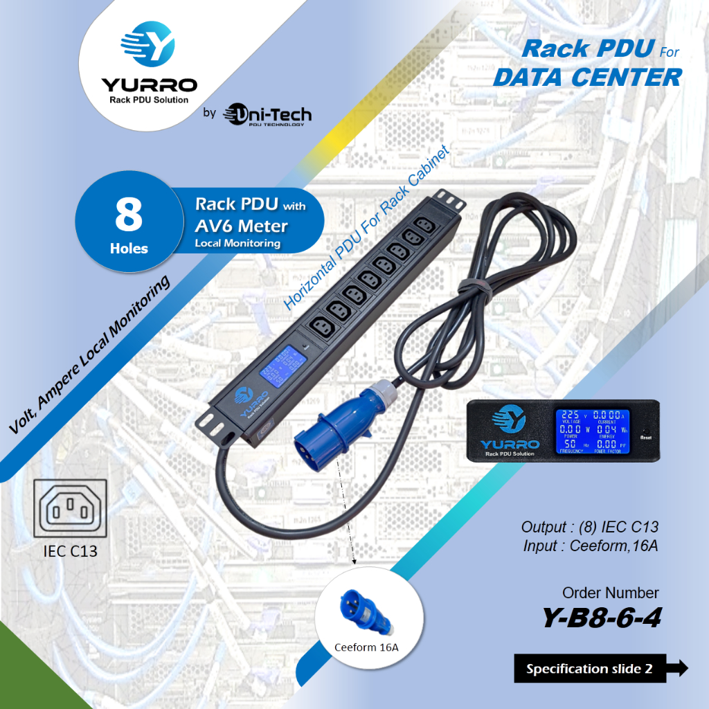 Jual YURRO - Colokan Listrik 8 Holes PDU IEC C13 with AV6 Meter, Input ...