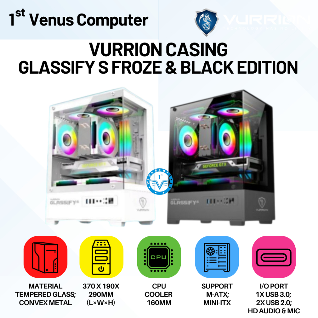 Jual Casing PC Vurrion Glassify S Frozen / Black Casing Komputer M-ATX ...