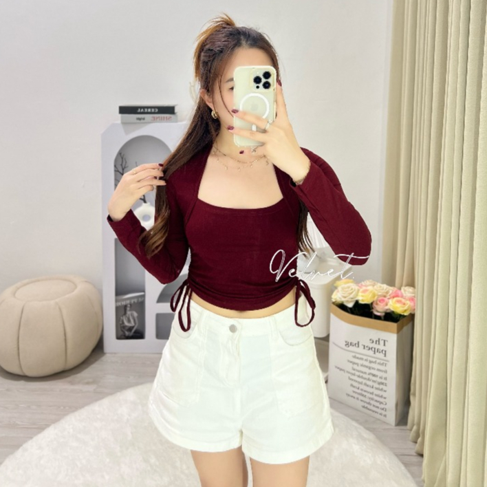Jual Crop Top Serut Samping Long Sleeve Wanita / Crop Top Serut Lengan ...