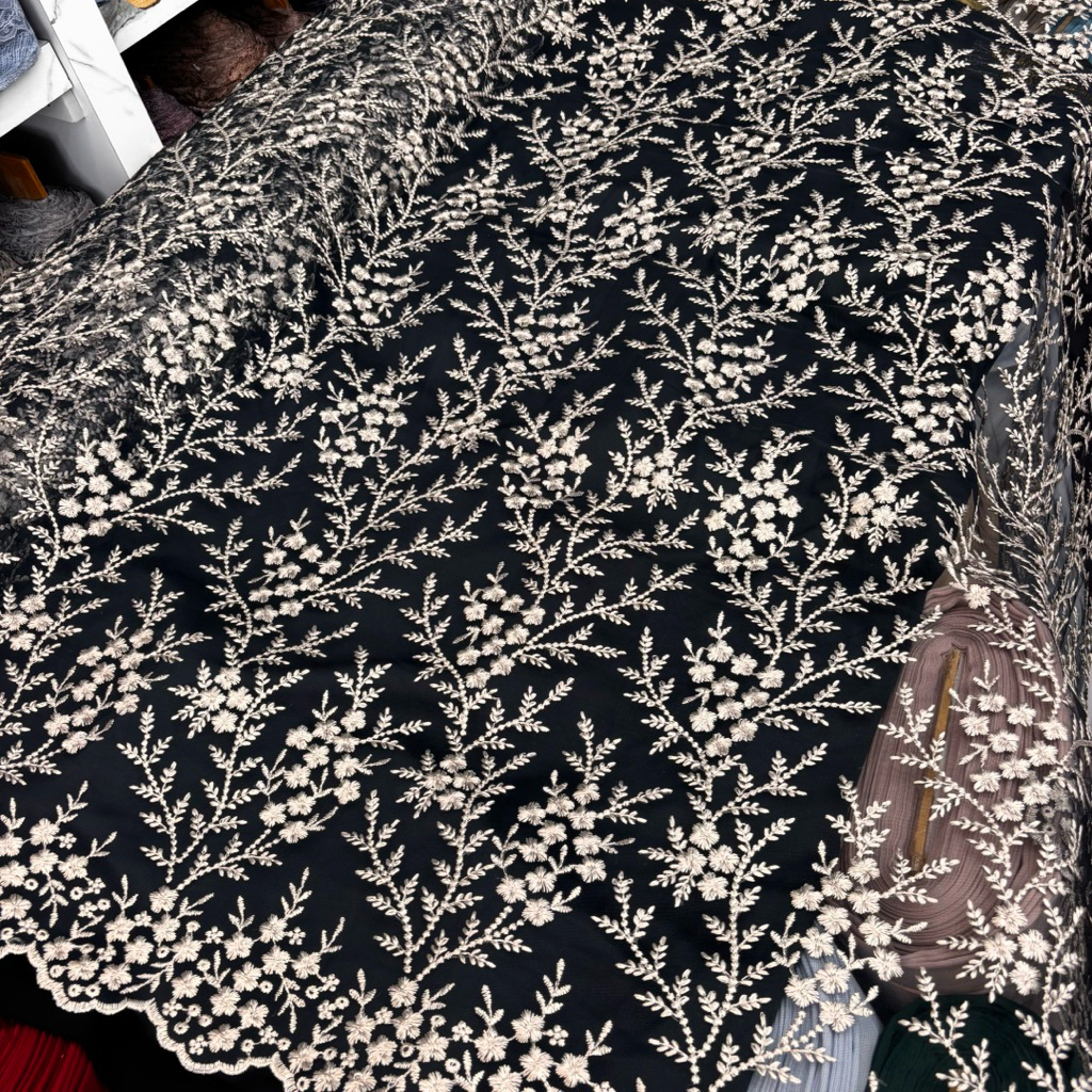Jual (50 CM) JAYA TEXTILES Bahan Kain Tulle Bordir Two Tone Dasar Hitam ...