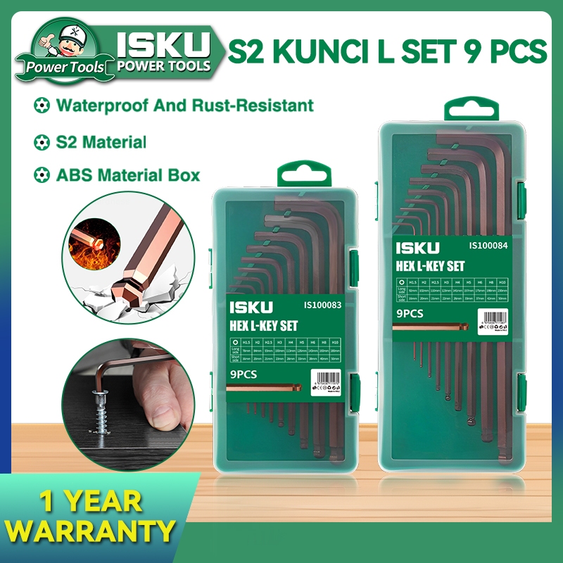 Jual ISKU Kunci L Set Flat End Hex Set Key 9 Piece Allen Key CR-V Ball ...