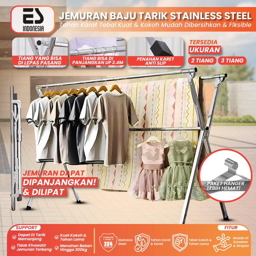 Jual ESINDO Jemuran Pakaian Baju Lipat Portable Stainless Steel Tiang ...