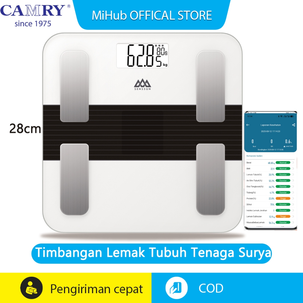 Jual CAMRY Timbangan Smart BMI&Lemak Tubuh Tenaga Surya,APP SenssunLife ...