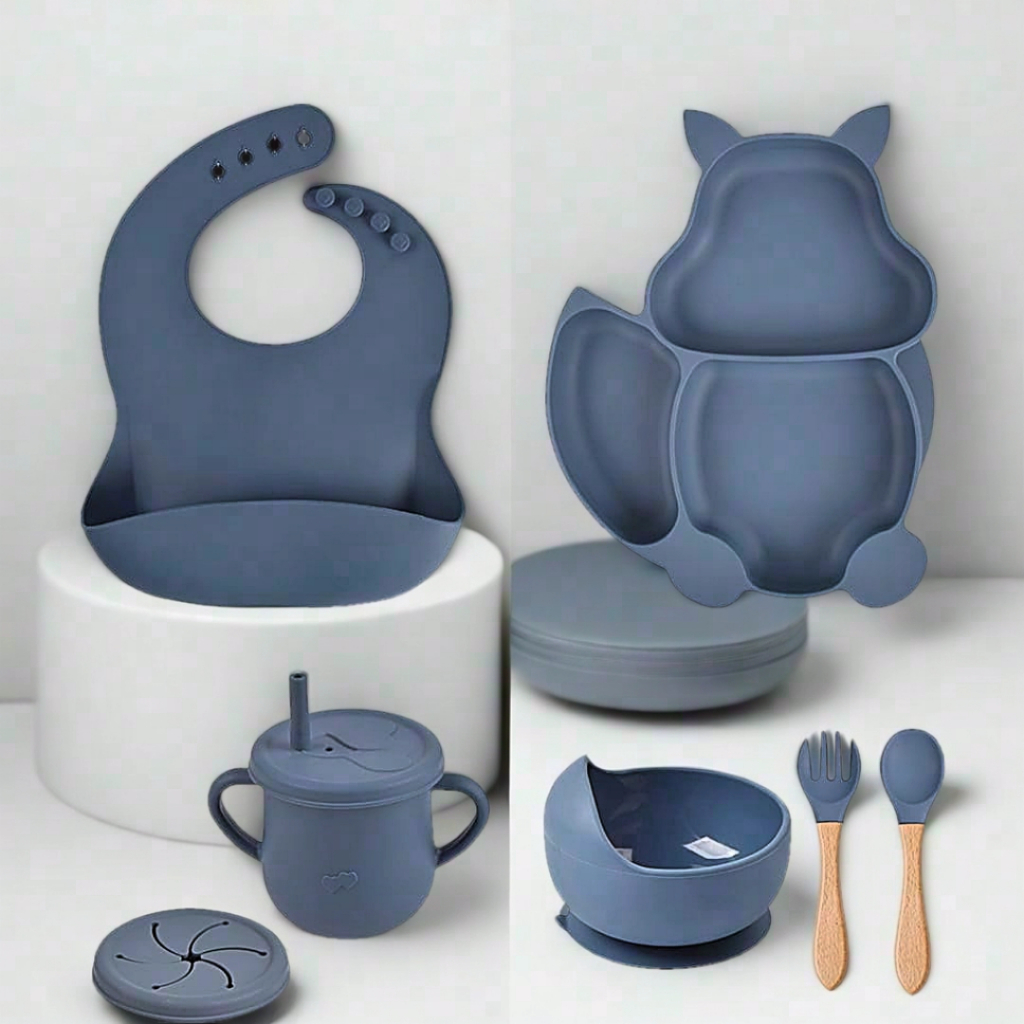 Jual 8 Buah Mangkok Piring Sendok Garpu Bib Cup Silikon Bayi Set Anak ...