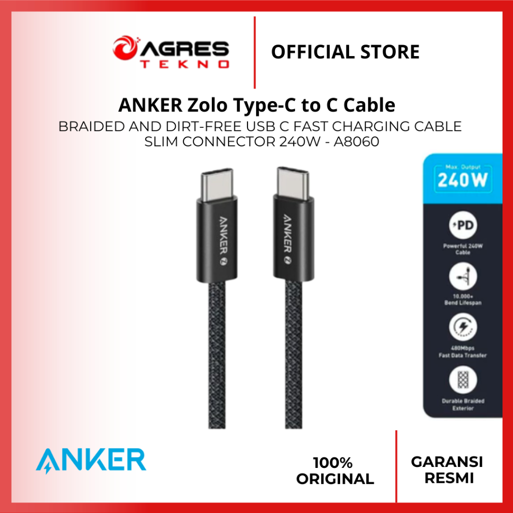 Jual ANKER Zolo Type-C to C Cable, Braided and Dirt-Free USB C Fast Charging Cable, Slim ...