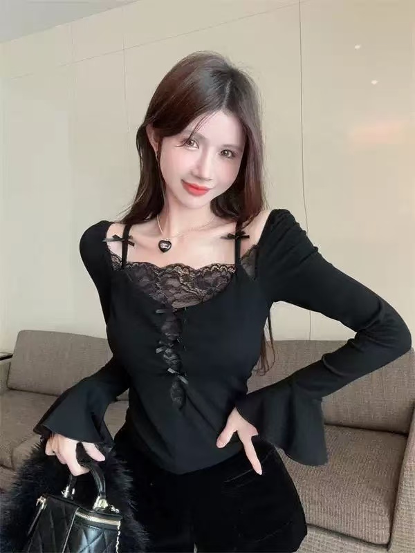 Jual Women Goth Elegant Vintage Lace Bow Chic Long Sleeve T-shirts G019 ...