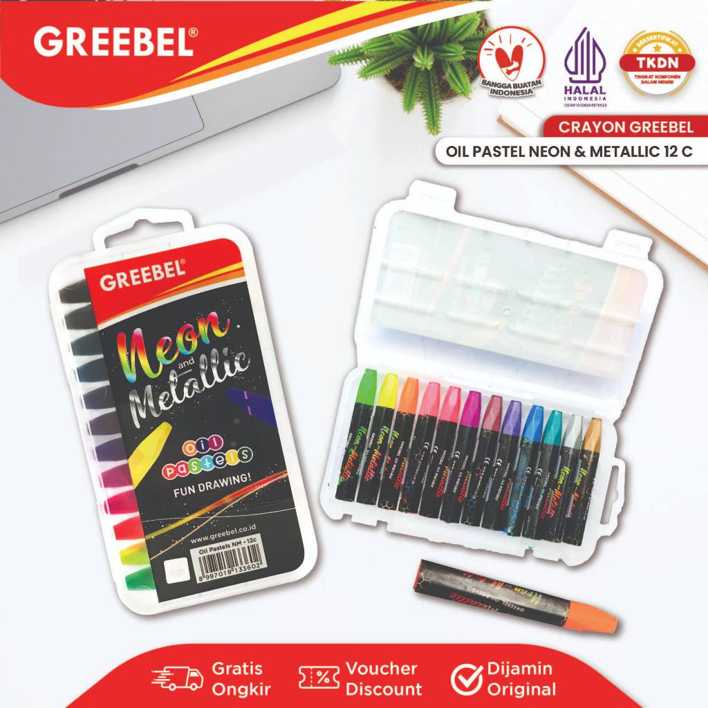 Jual GREEBEL Crayon 12 Warna Neon Metalic / Krayon Oil Pastel 12 Neon ...
