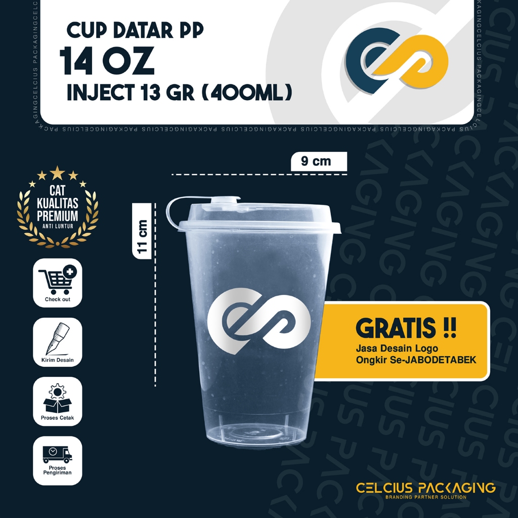 Jual Sablon Cup Gelas Plastik 14 OZ Datar Inject 400 ml + LID Sambung ...