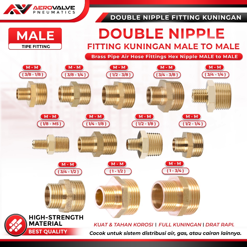 Jual Double Nepel Kuningan Drat Luar Kombinasi 1/2" 1/8" 1/4 3/8 3/4 MALE TO MALE | Shopee Indonesia