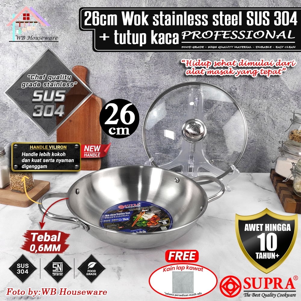 Jual SUPRA wok 26cm + tutup kaca viliron stainless steel impact SUS 304 ...