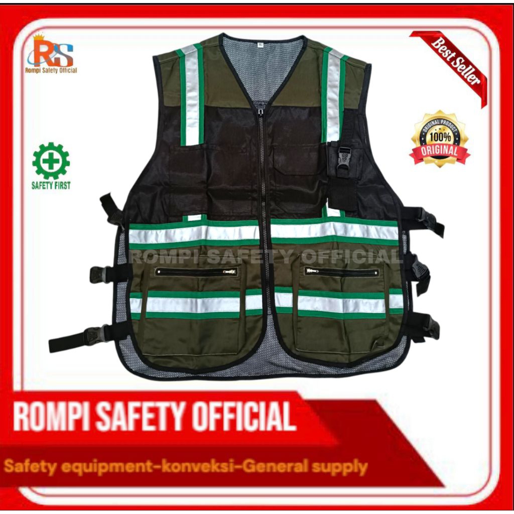 Jual ROMPI SAFETY WARNA ARMY / SAFETY VEST TASLAN KOMBINASI JARING ...