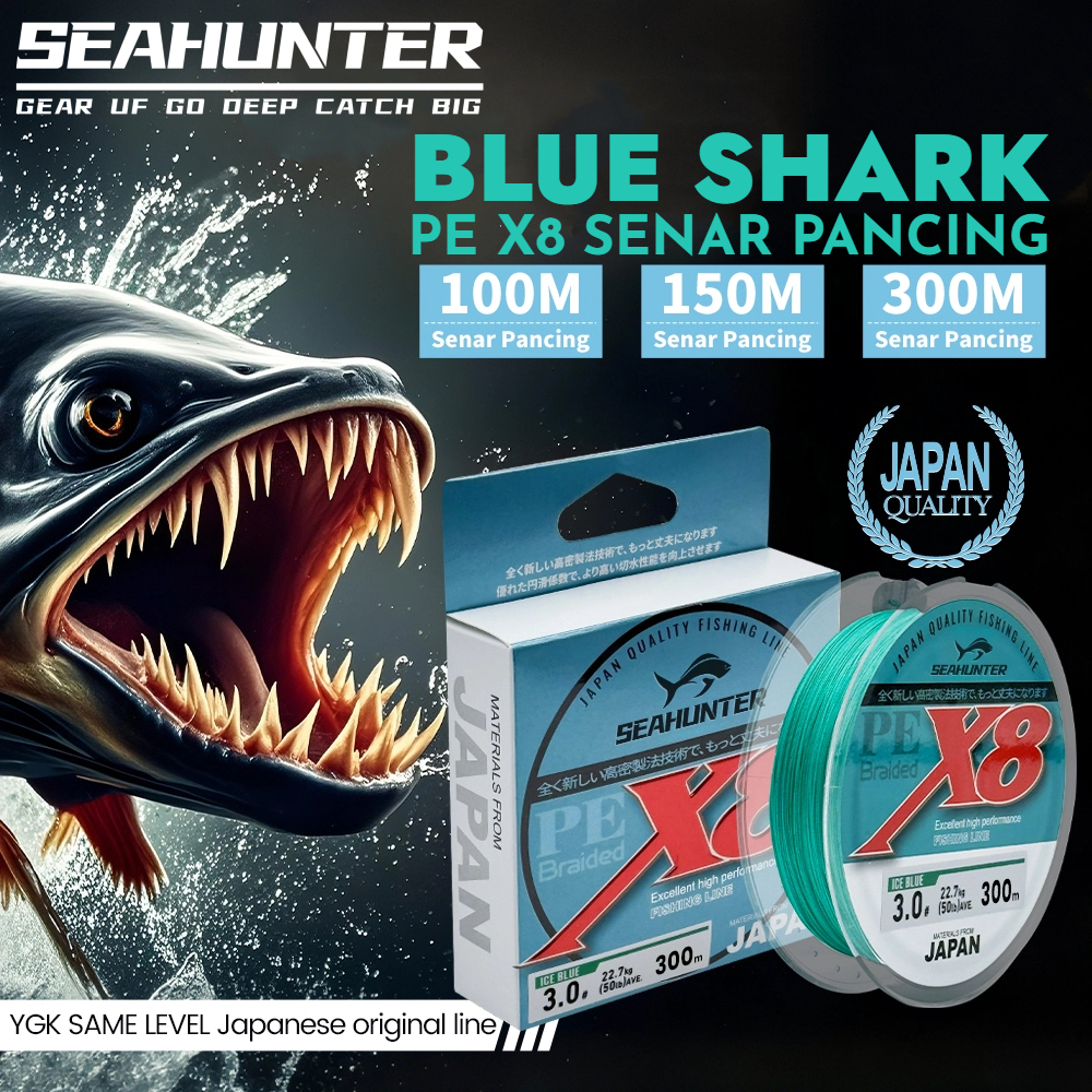 Jual PE X8 Senar Pancing 300M, 150M, 100M SEAHUNTER Blue Shark Senar PE ...