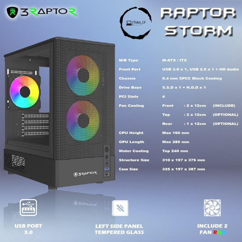 Jual Casing Gaming 3 Power Up RAPTOR STORM - Tempered Glass 2Fan RGB ...