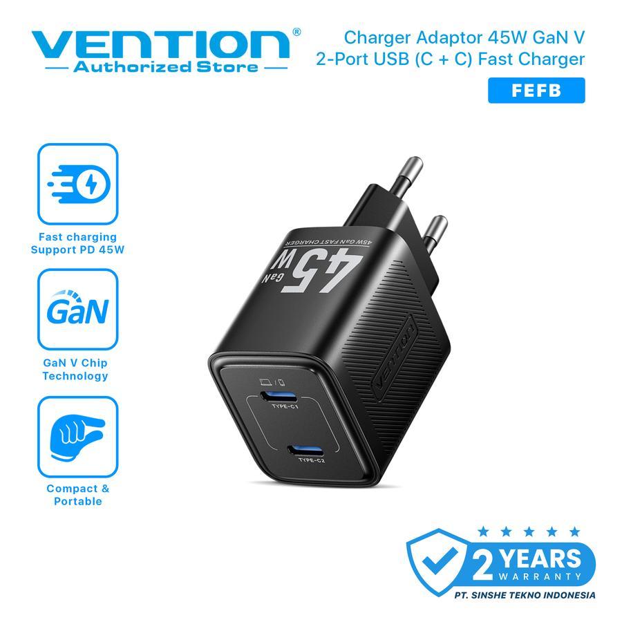 Jual FEF Vention Adaptor Charger GaN V Tech USB Type C 45W PD Fast ...