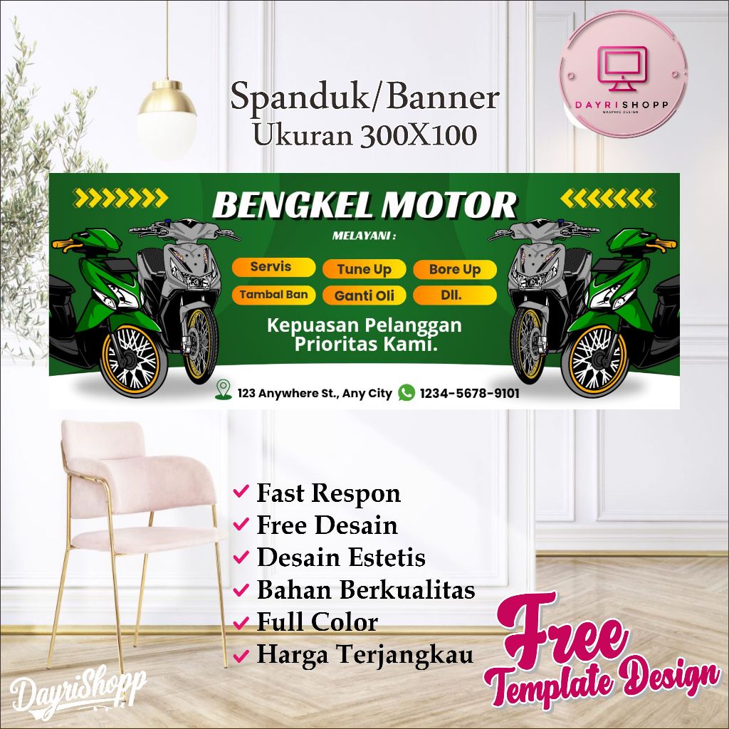 Jual Spanduk Banner Size 300X100 Cm Bengkel Motor HIjau Free Custom ...