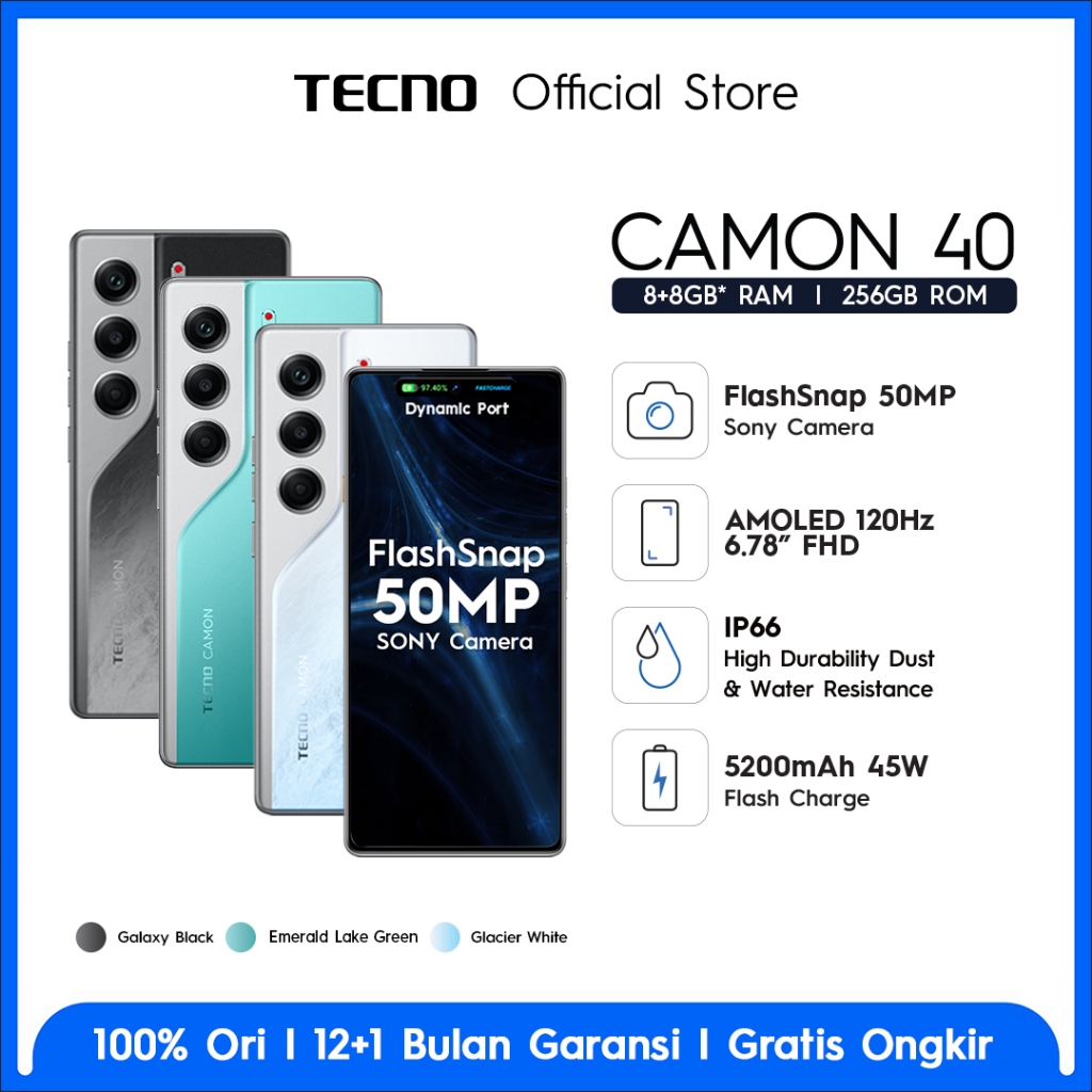 Jual [FLASHSNAP] TECNO CAMON 40 8+8GB*256 GB, 50MP Sony + 8MP Ultra ...