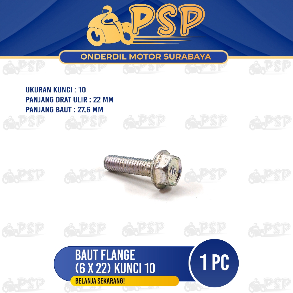 Jual Baut Flange (Kunci 10) 6 x 22 (Harga 1 PC) - Baud Bolt Ring Topi 6 mm Panjang 22 mm Kunci ...