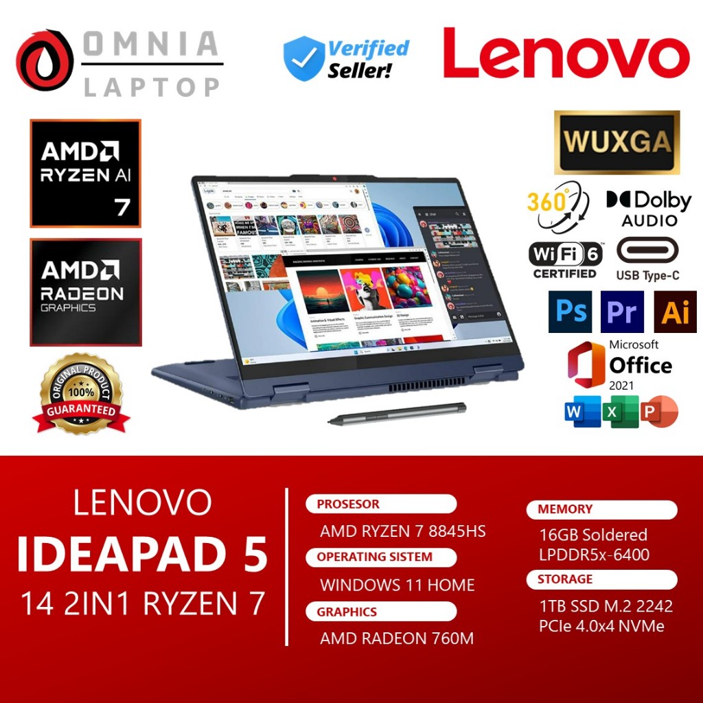 Jual Lenovo IdeaPad 5 2in1 14 AMD RYZEN 7 8845HS 16GB 1TB SSD RADEON 780M Wuxga IPS Touch ...