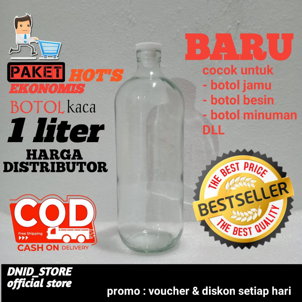 Jual Paket 8pcs botol kaca ukuran 1liter+tutup /Botol bensin/botol jamu ...