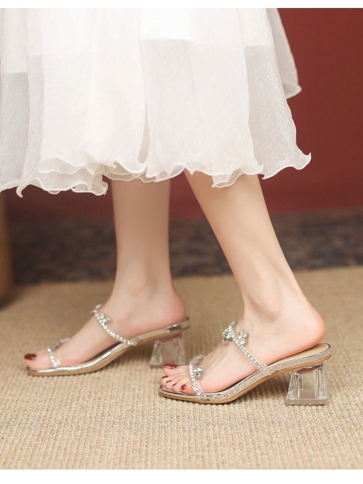 Jual 【Premium】99kshoes Rhinestone Square Toe Transparent Thick Peep Toe ...