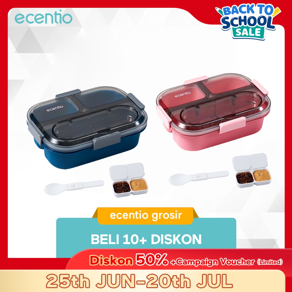 Jual 【2.0 anti tumpah】[grosir] ecentio Kotak Makan anti tumpah 3 Grid 1100ml lunch box sekat ...