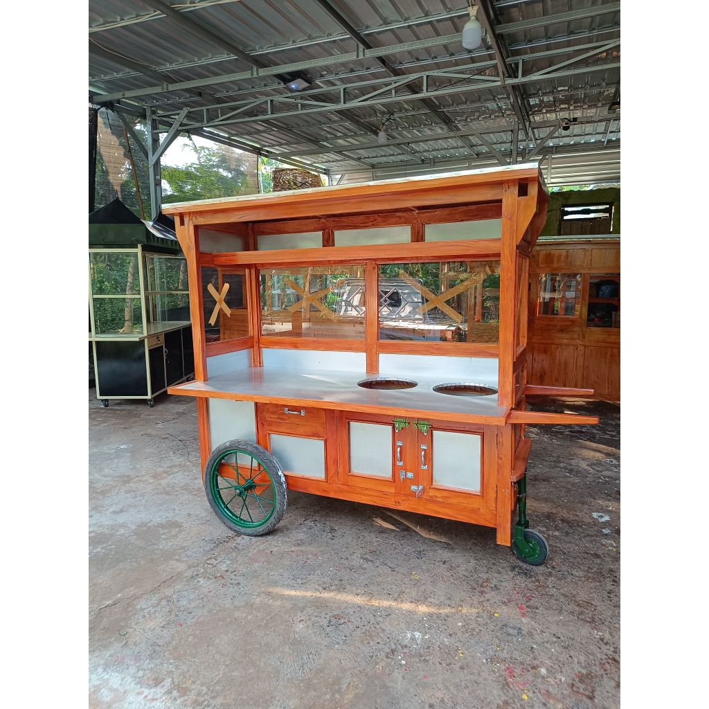 Jual gerobak bakso bubur ayam dua lubang full kaca meja galvalum roda ...