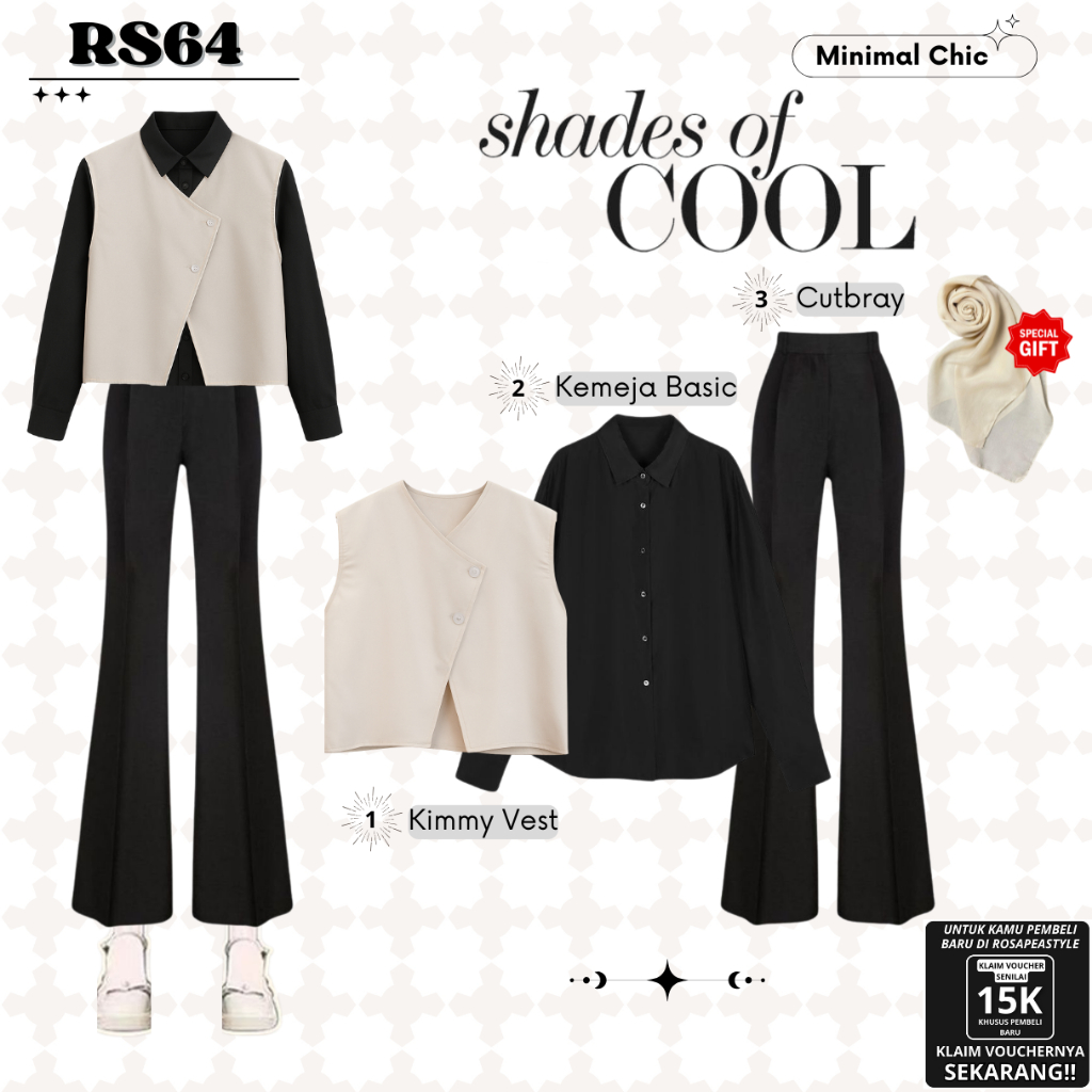Jual RS64 - Outfit Set Wanita ( Kemeja Basic Hitam , Kimmy Vest Cream ...