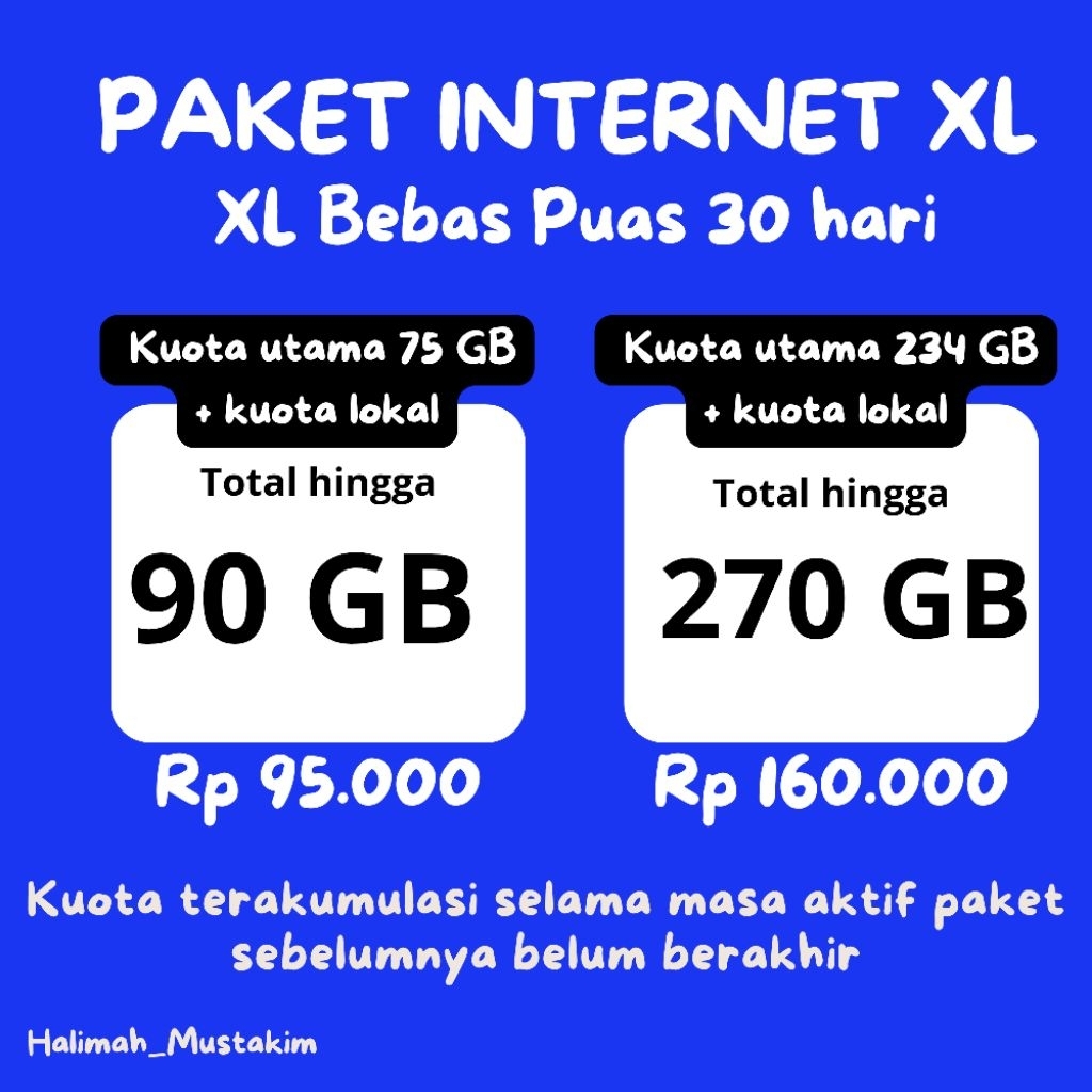 Jual Paket Internet XL Bebas Puas 90 GB dan 270 GB untuk 30 hari full 24 jam tanpa pembagian ...